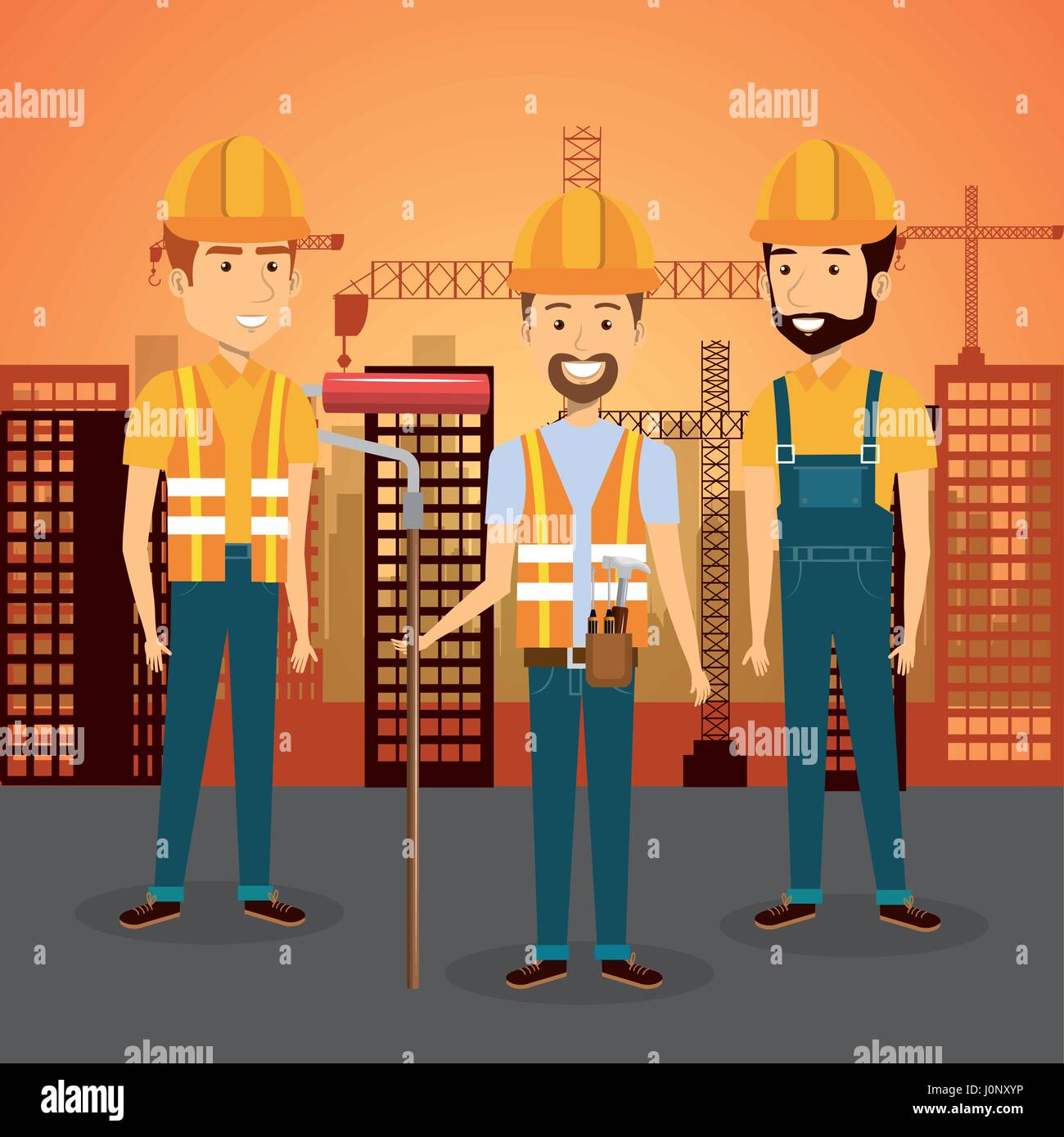 professional construction people characters with cityscape background ...