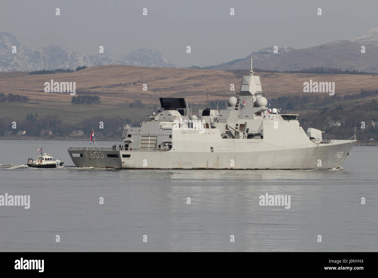 HNLMS Tromp (F803), a De Zeven Provincien-class frigate of the Royal Netherlands Navy, passing ...