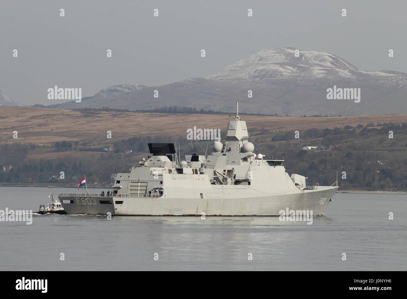 HNLMS Tromp (F803), a De Zeven Provincien-class frigate of the Royal Netherlands Navy, passing ...