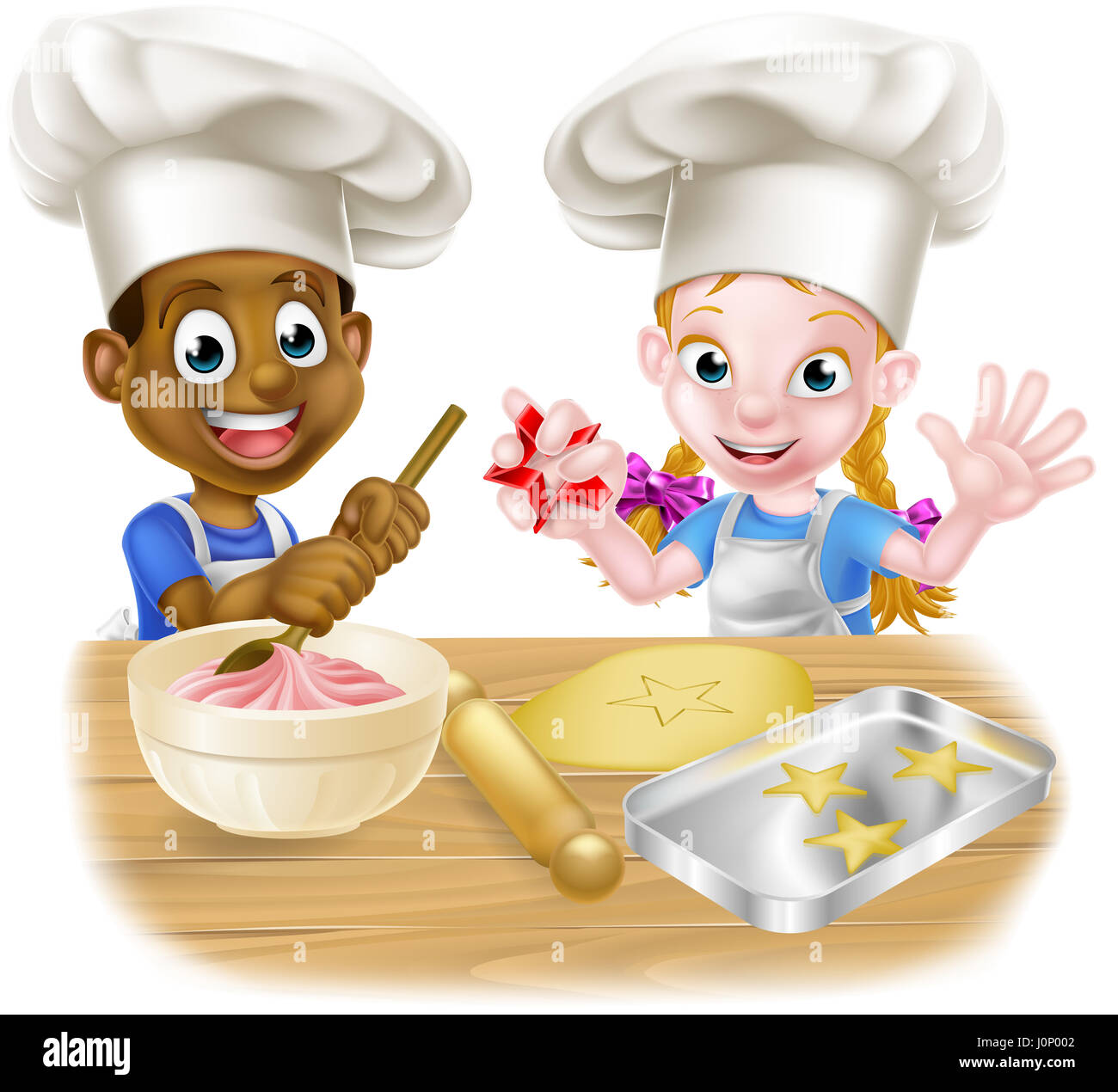 Cartoon boy and girl kids, one black one white, dressed as chefs or ...