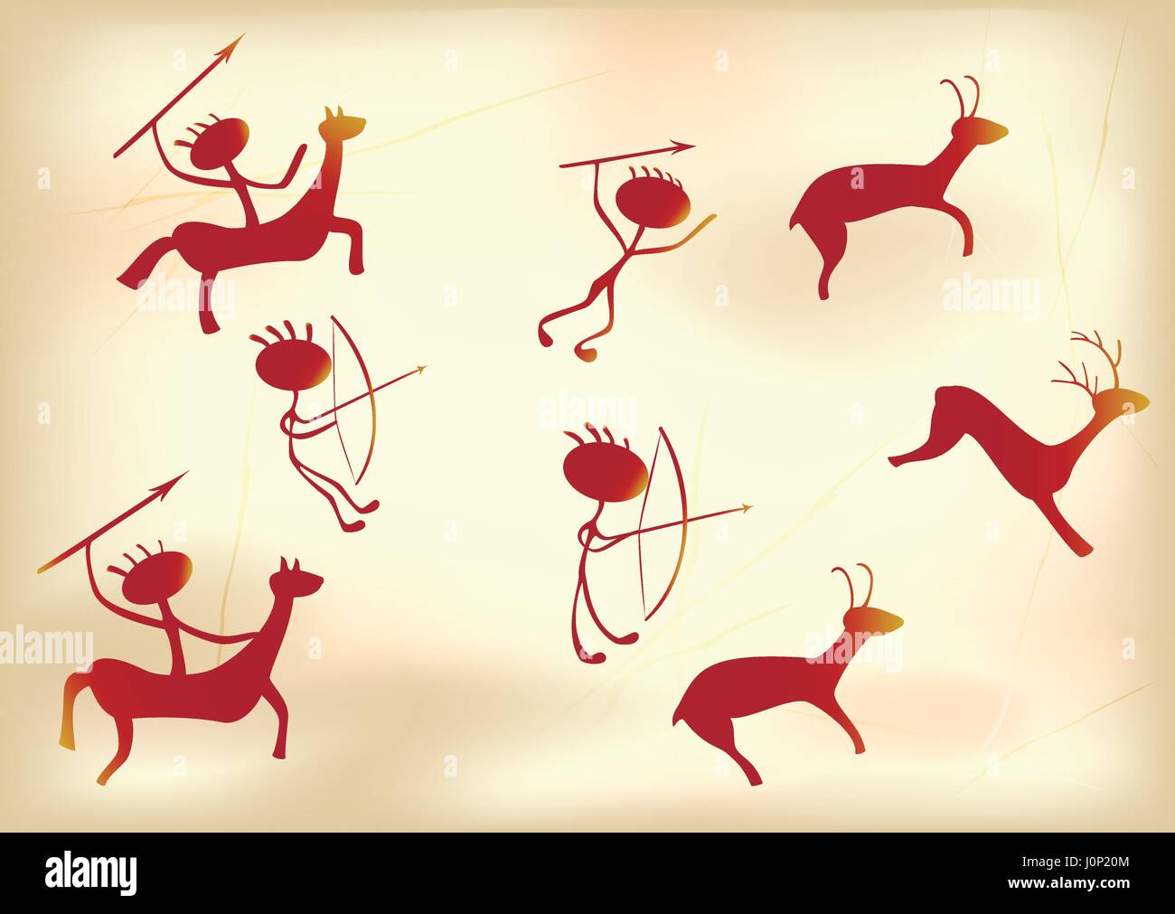 Stylized prehistoric painting depicting hunters and animals. EPS10 ...