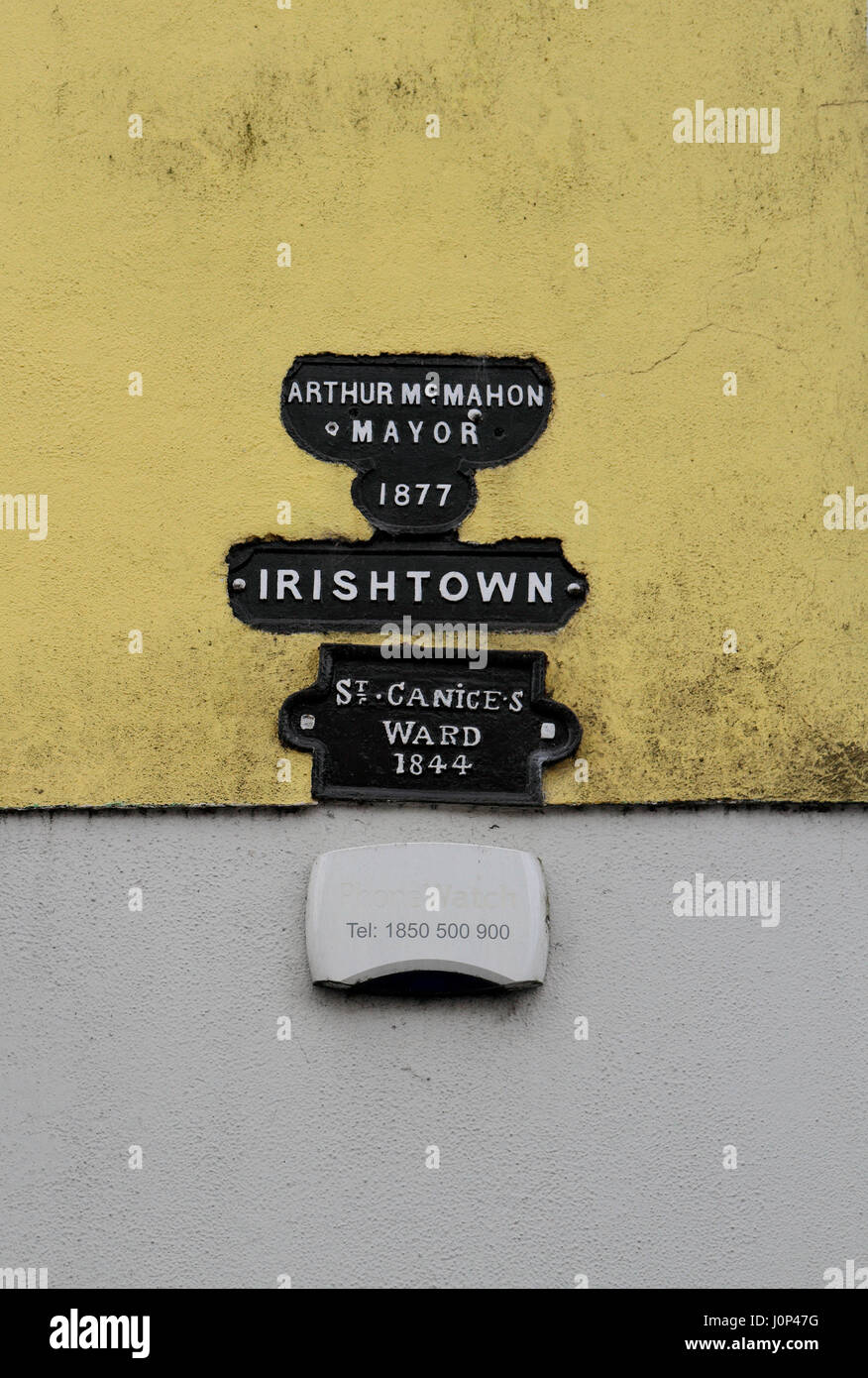 Traditional wall signs ("Irishtown" and "St Canices Ward 1844" on a ...