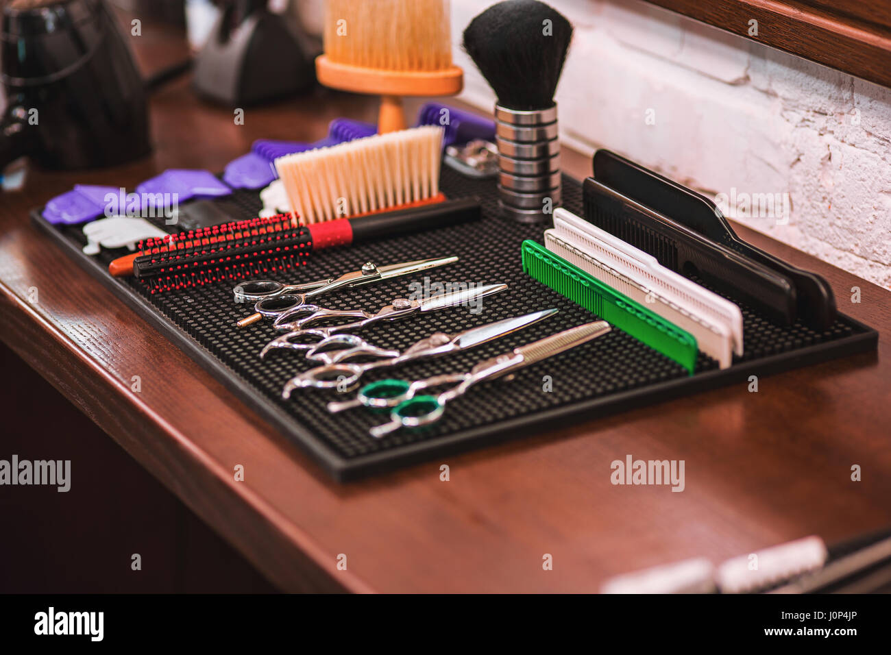 Barber shop equipment on wooden background Stock Photo - Alamy
