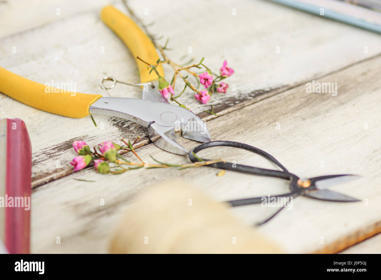 The florist desktop with working tools on white background Stock Photo ...