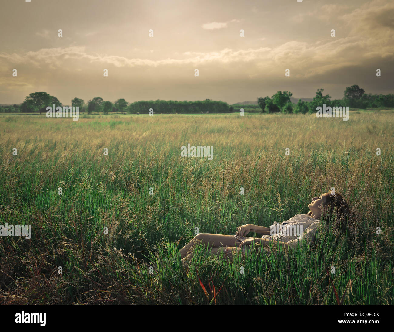 Woman relaxing on the field Stock Photo - Alamy