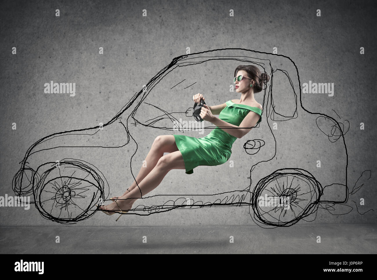 Elegant woman driving drawn car Stock Photo - Alamy
