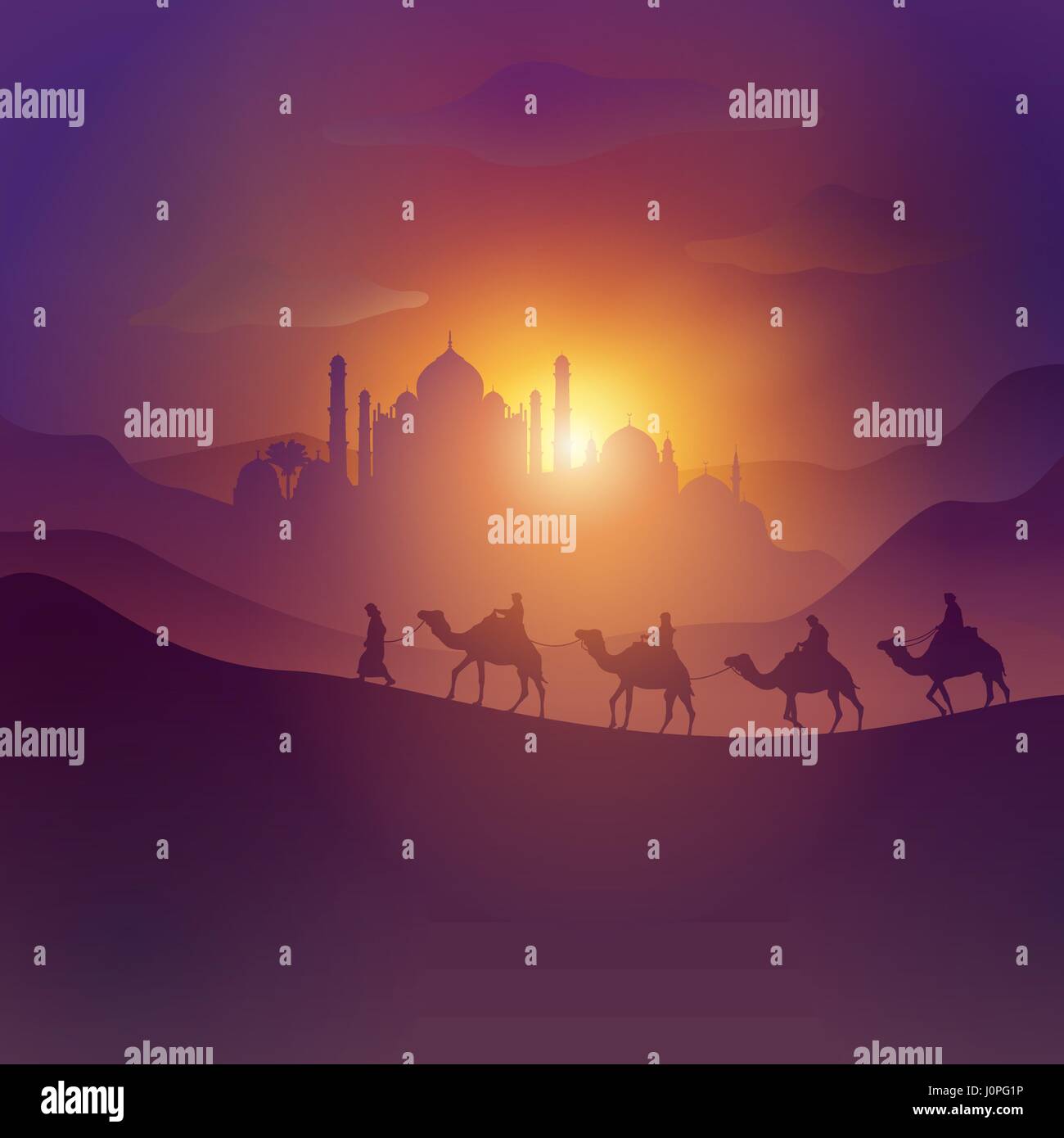Desert arabic landscape illustration with mosque arabian and camel for ...