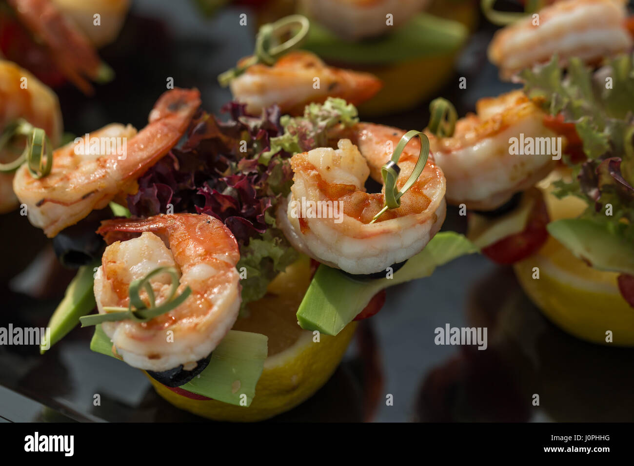 Perfect party shrimp canape starter on holiday Stock Photo - Alamy