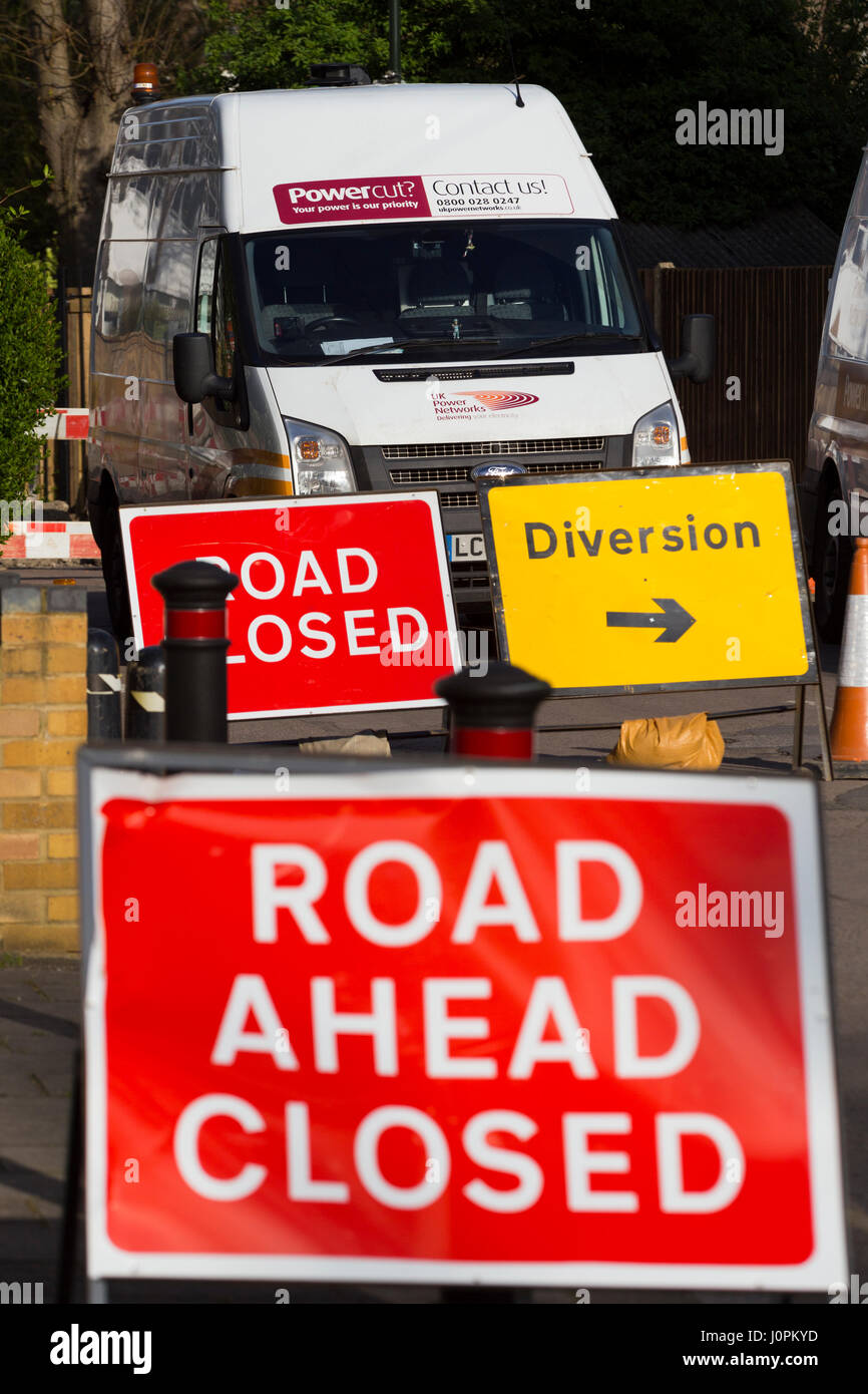 Sign / signs for road closed / roads closure caused by emergency ...