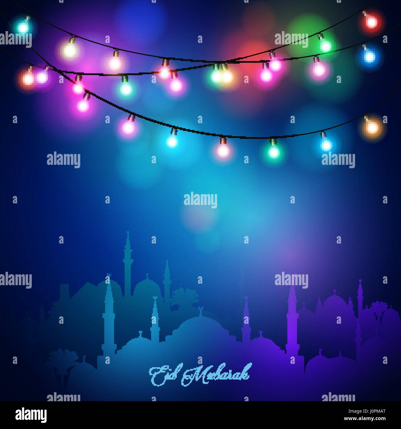 Colorful lights and mosque islamic celebration greeting background Eid ...