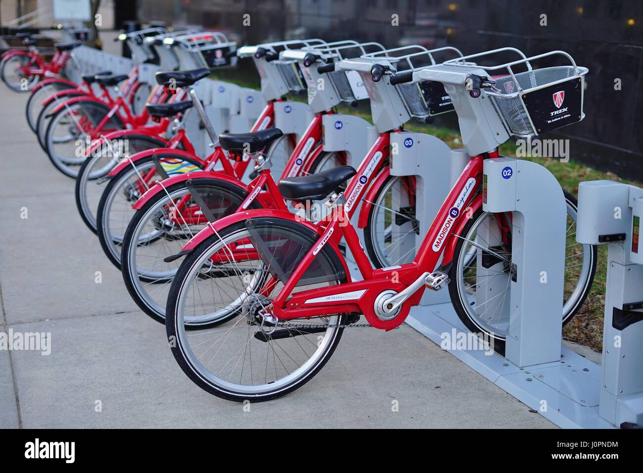 View of red B-Cycles share bicycles lined up in the streets of the ...