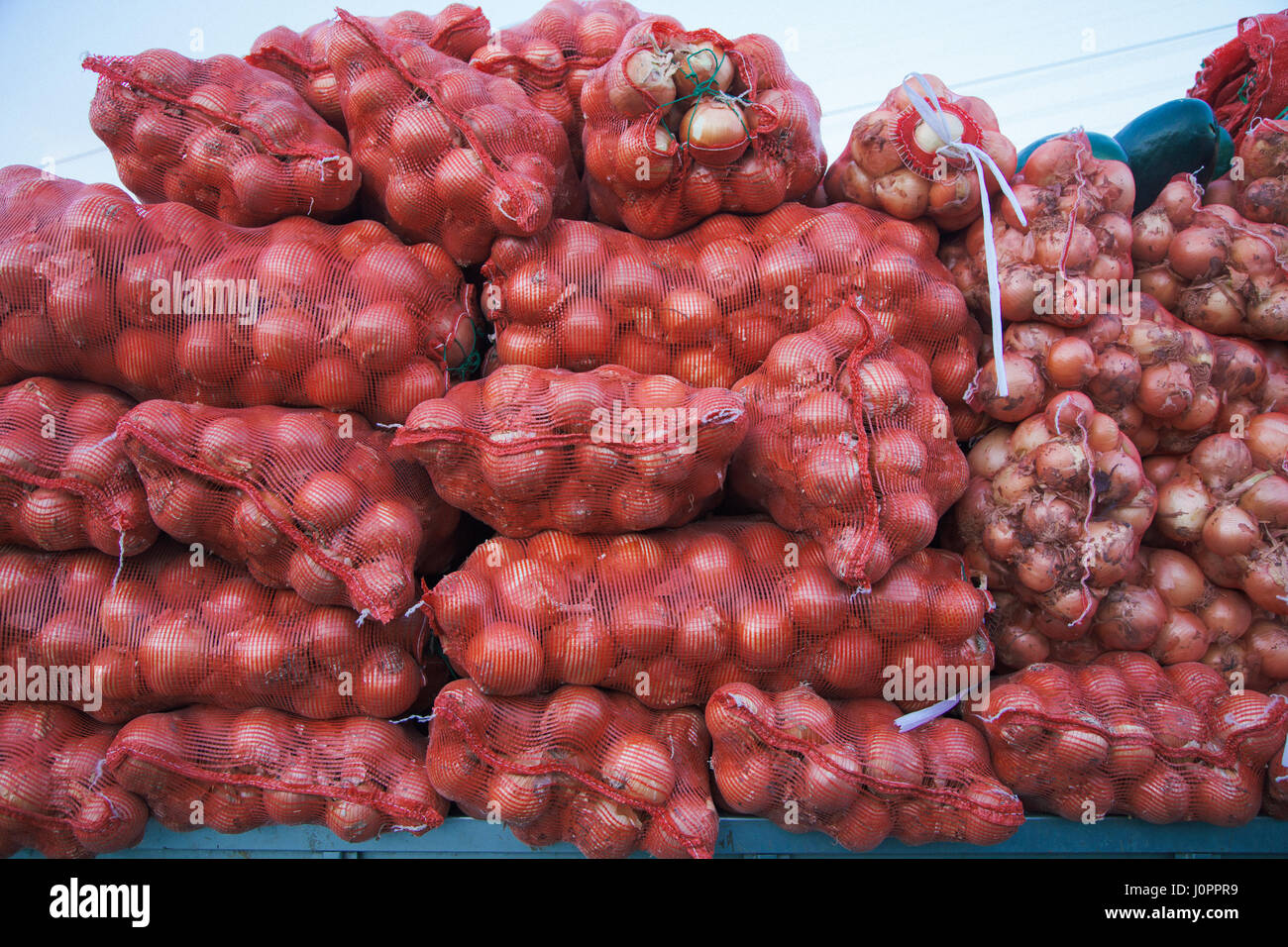 Onions in red plastic mesh sacks and bags in grid on a car Stock Photo ...