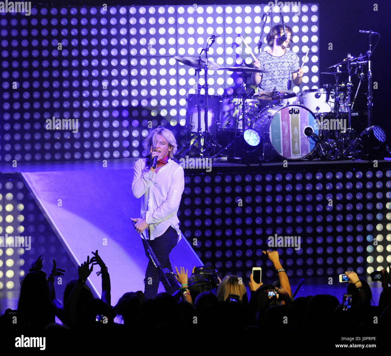 (L-R) Ross Lynch and Ellington Ratliff of R5 performs at the Greek ...