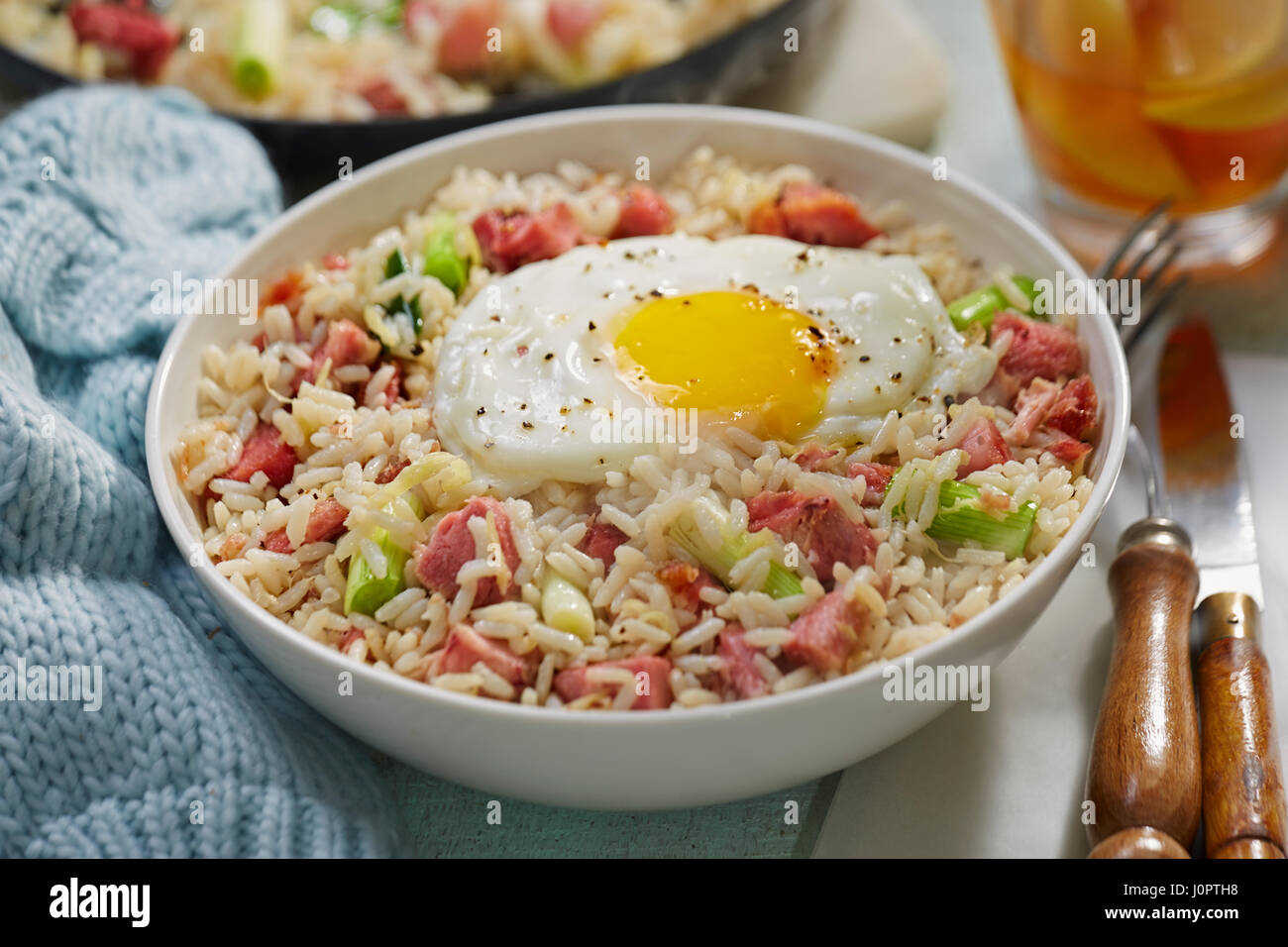 Cooked ham egg fried rice with scallions winter meal Stock Photo - Alamy