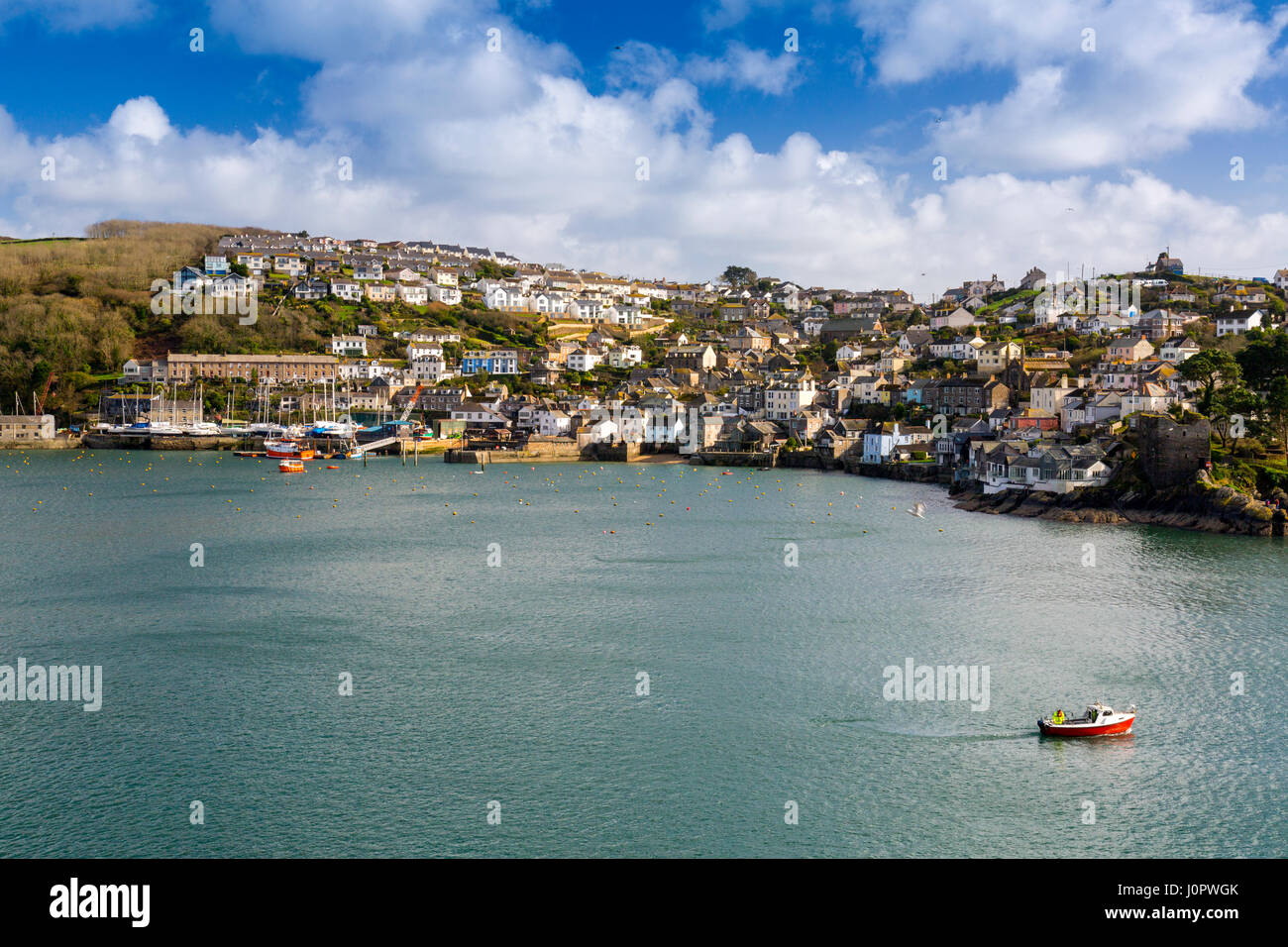 Looking across the Fowey River to the historic port of Polruan with its ...