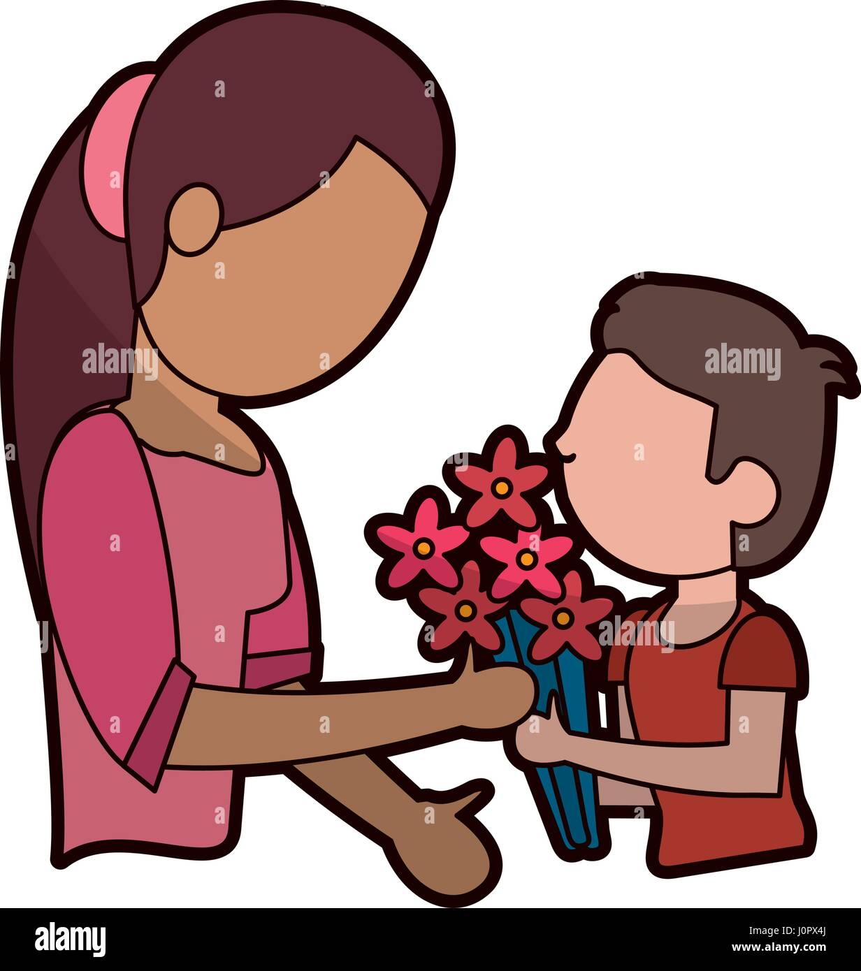 Son giving mother flowers Stock Vector Images - Alamy