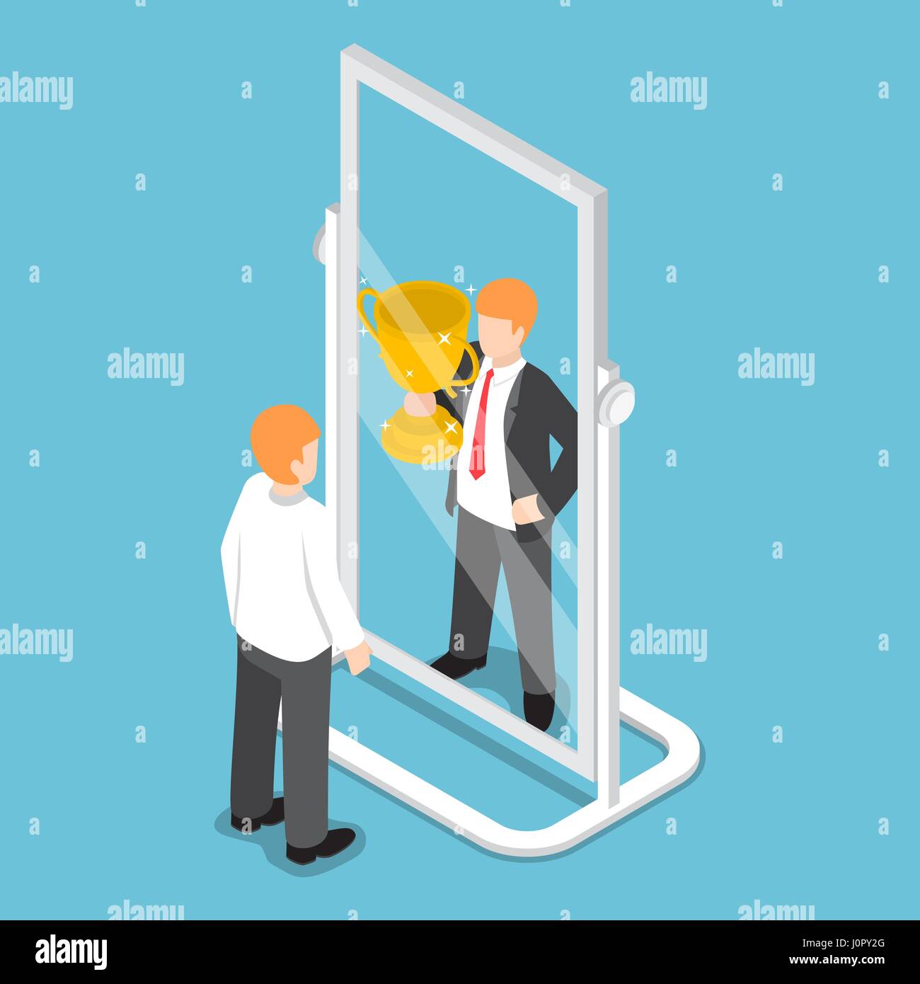 Flat 3d isometric businessman see himself being successful in the ...