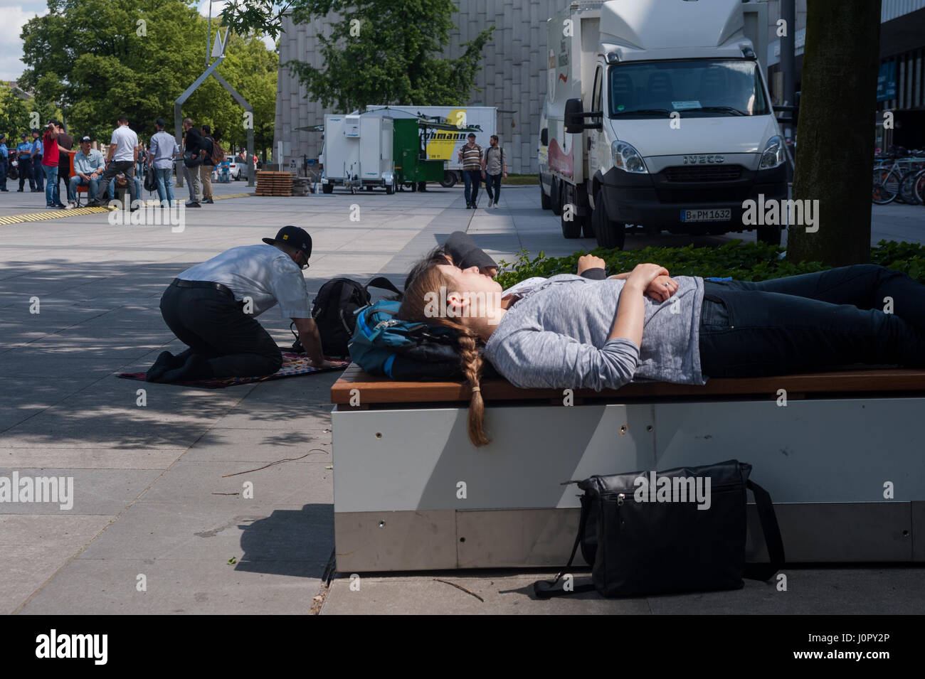 10.06.2016, Berlin, Germany - A Muslim man prays on his own prior to ...