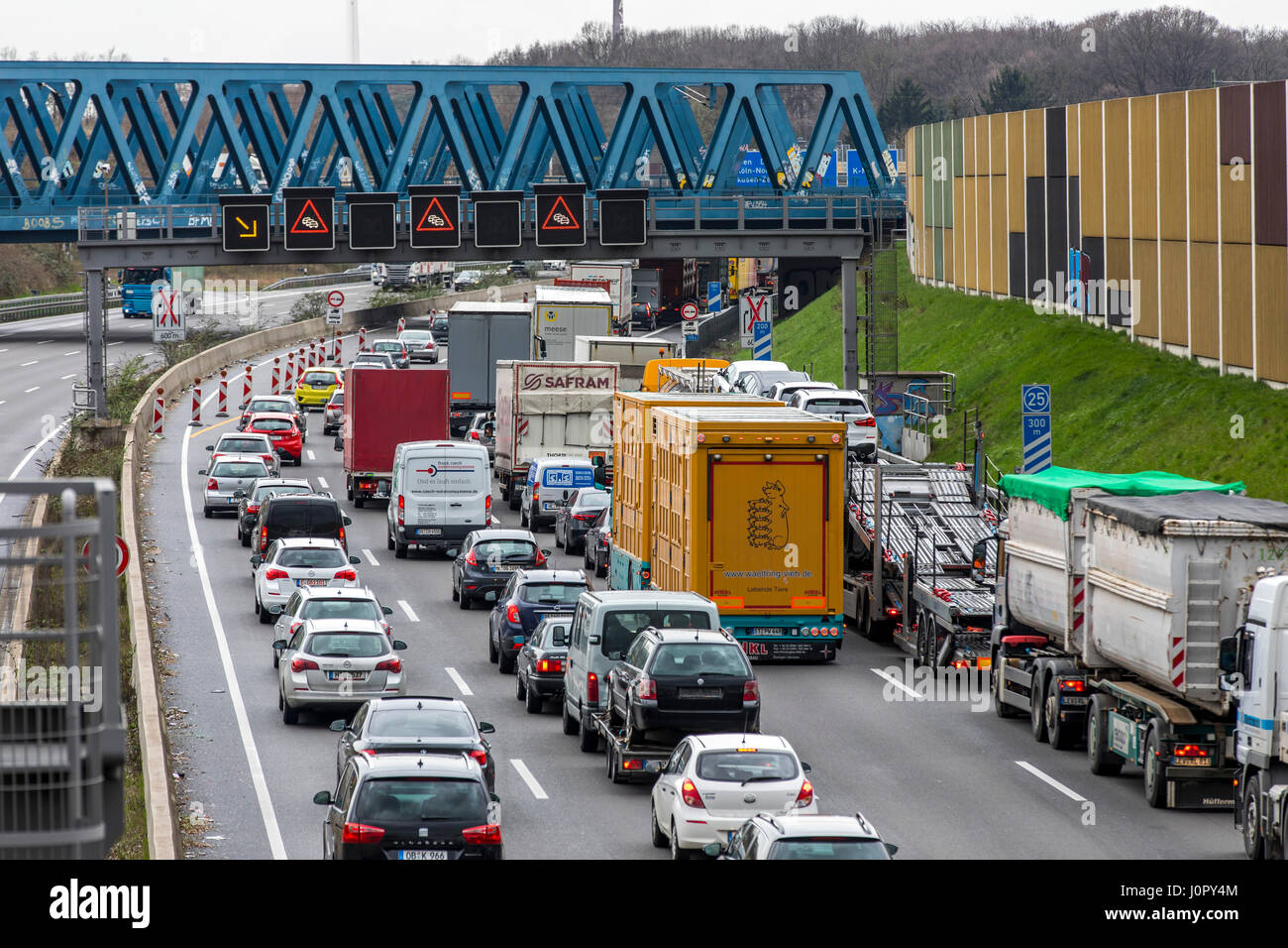 Autobahn A3 highway, near Cologne, Germany, traffic jam, traffic signs ...