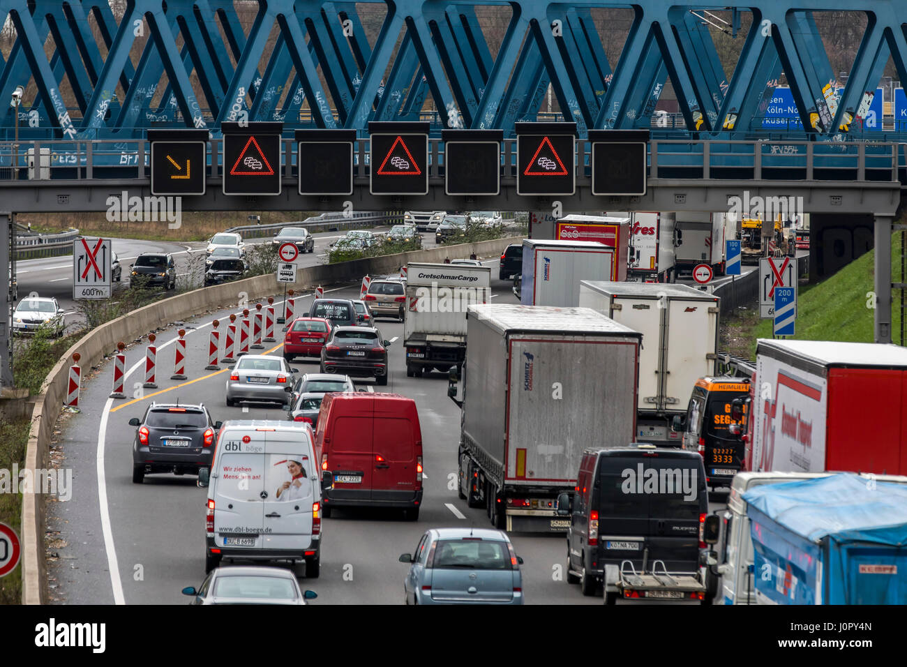 Autobahn A3 highway, near Cologne, Germany, traffic jam, traffic signs ...