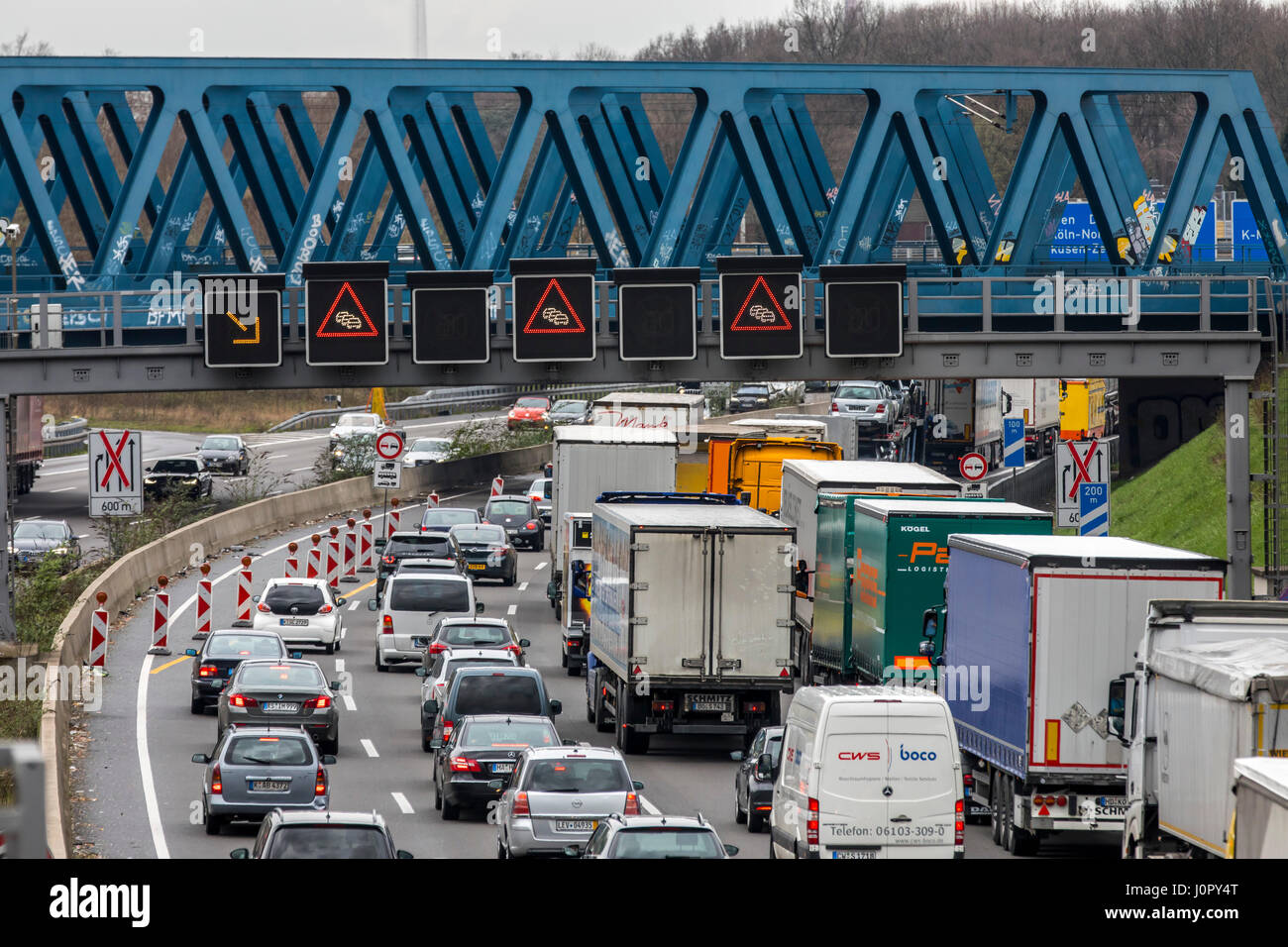 Autobahn A3 highway, near Cologne, Germany, traffic jam, traffic signs ...