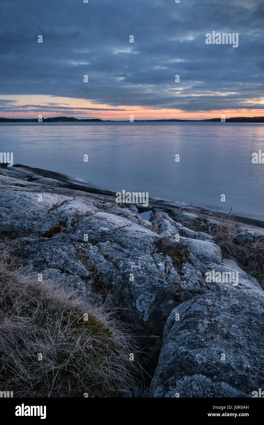 Blue hour dusk over Stockholm archipelago nature landscape in Sweden ...