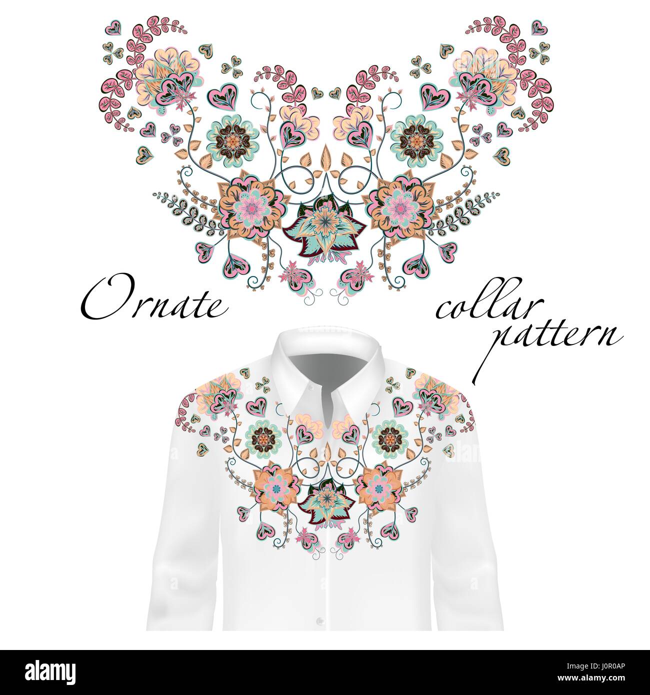 Floral pattern on collar, neck print. Collar pattern on shirt mockup ...