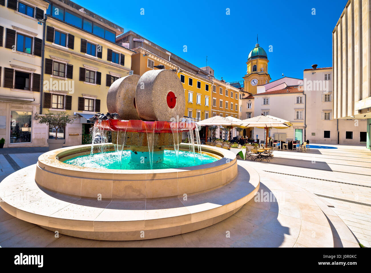 Rijeka square and fountain view with clock tower gate, Kvarner, Croatia ...