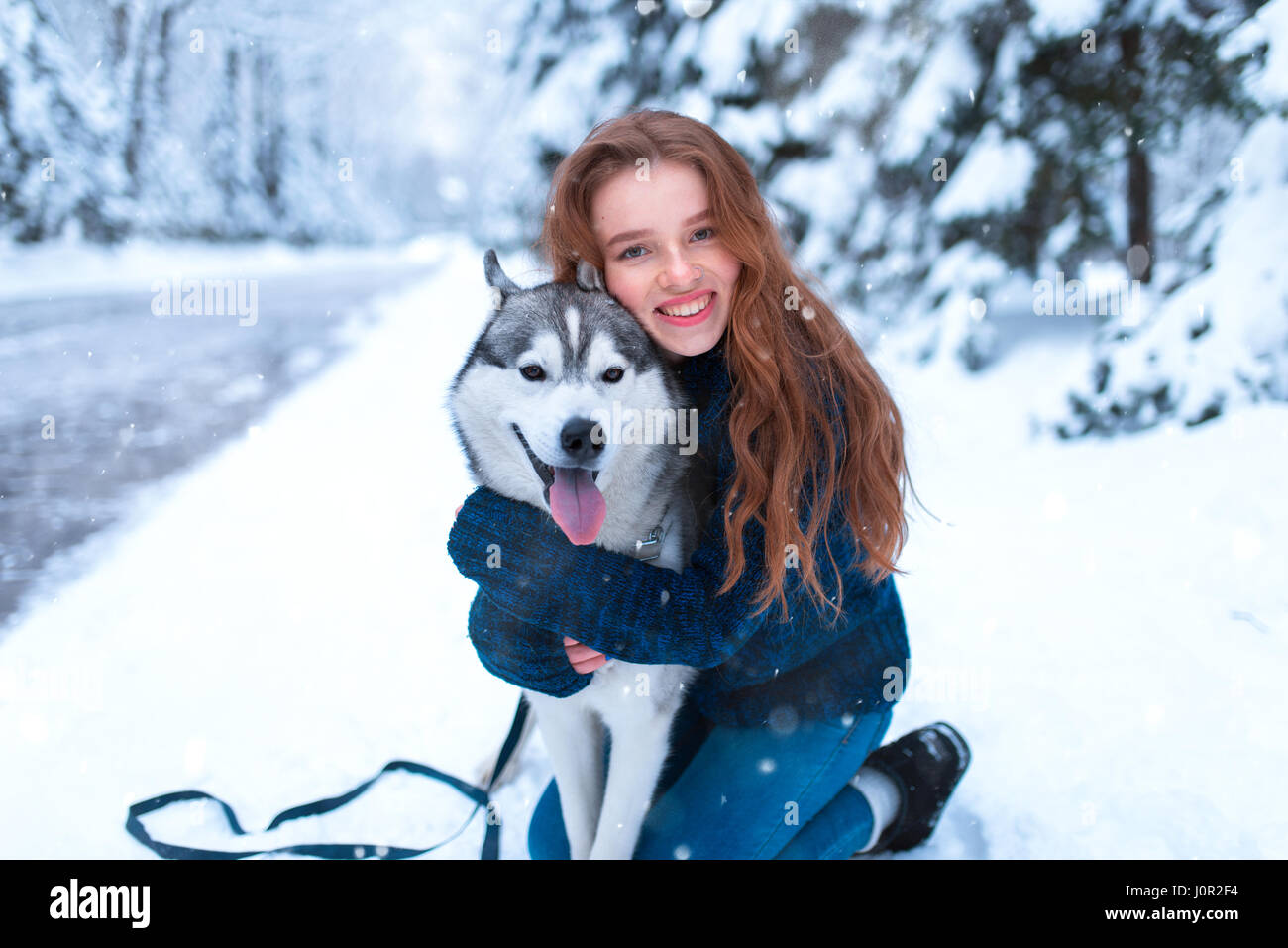 Woman hugs with siberian husky, friendship forever, snowy forest on ...