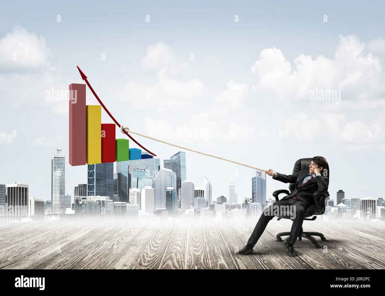 Man pulling with effort big pulling rope graph, as a symbol of ...