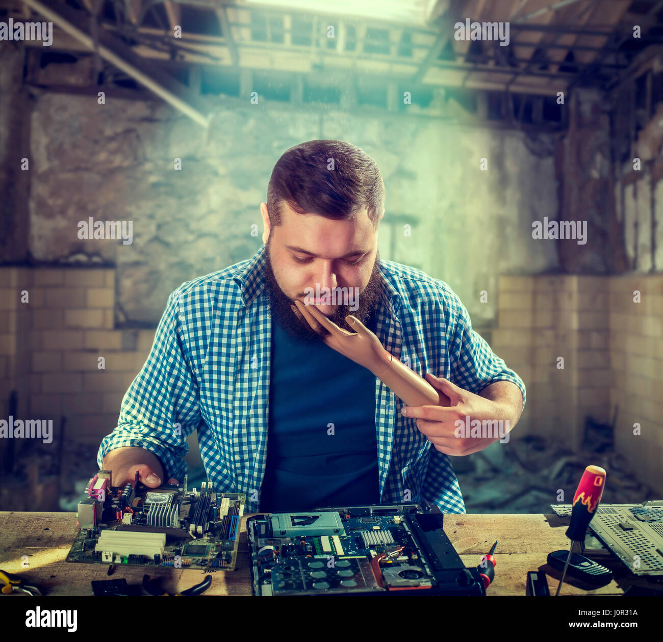 Male engineer cant fix problem with computer hardware. Electronic ...