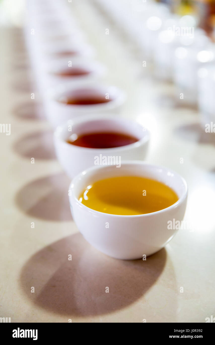 Ceylon tea degustation cups closeup view, tourist excursion on Sri ...