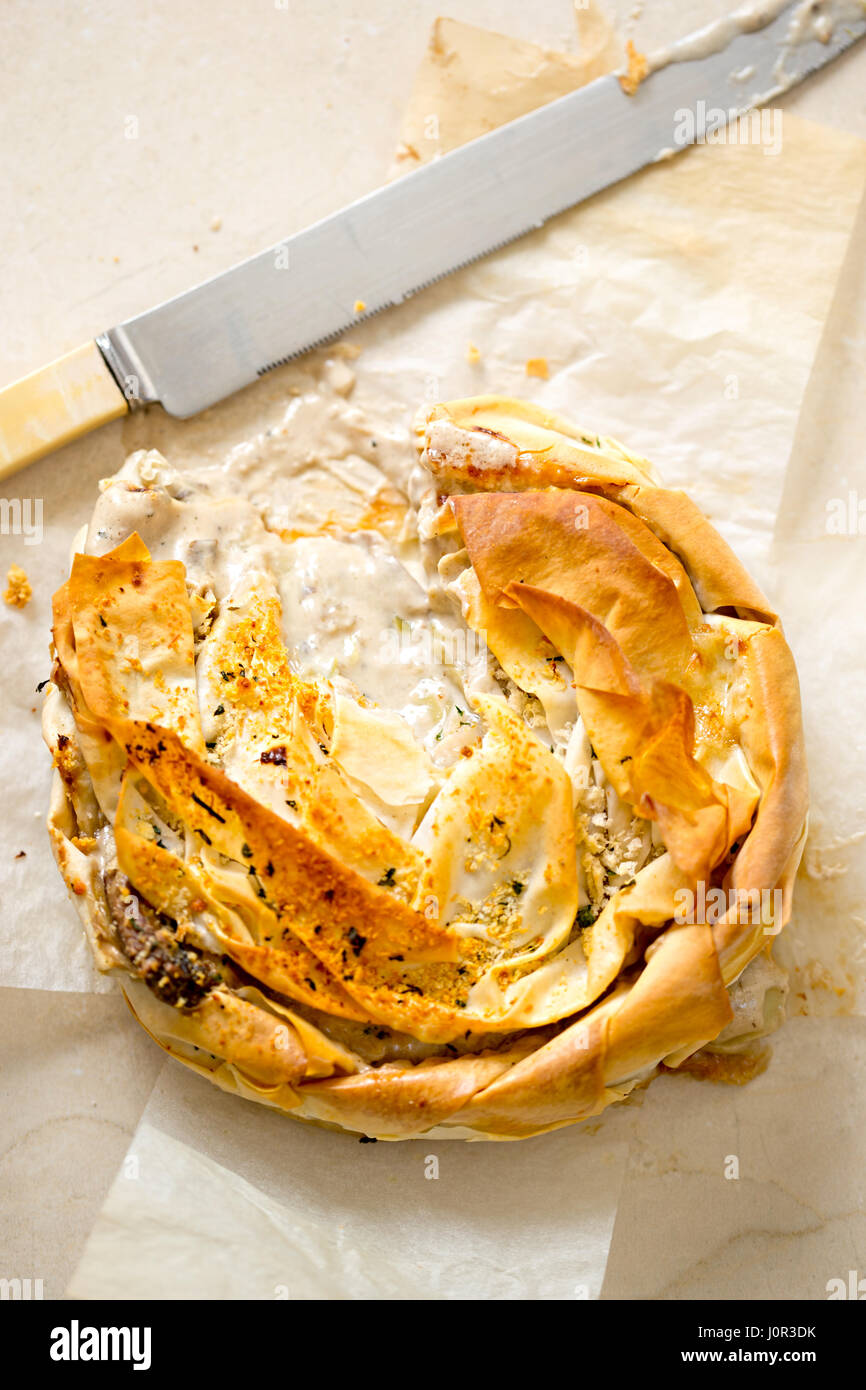 Filo pastry filled with sliced mushrooms, leeks in creamy cheese sauce ...