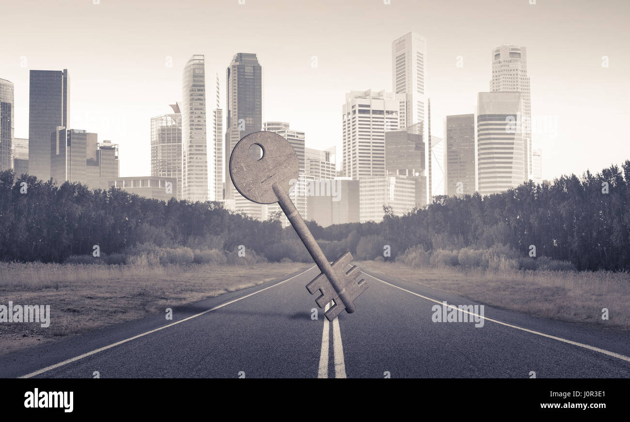 Conceptual background image of concrete key sign on asphalt road Stock ...