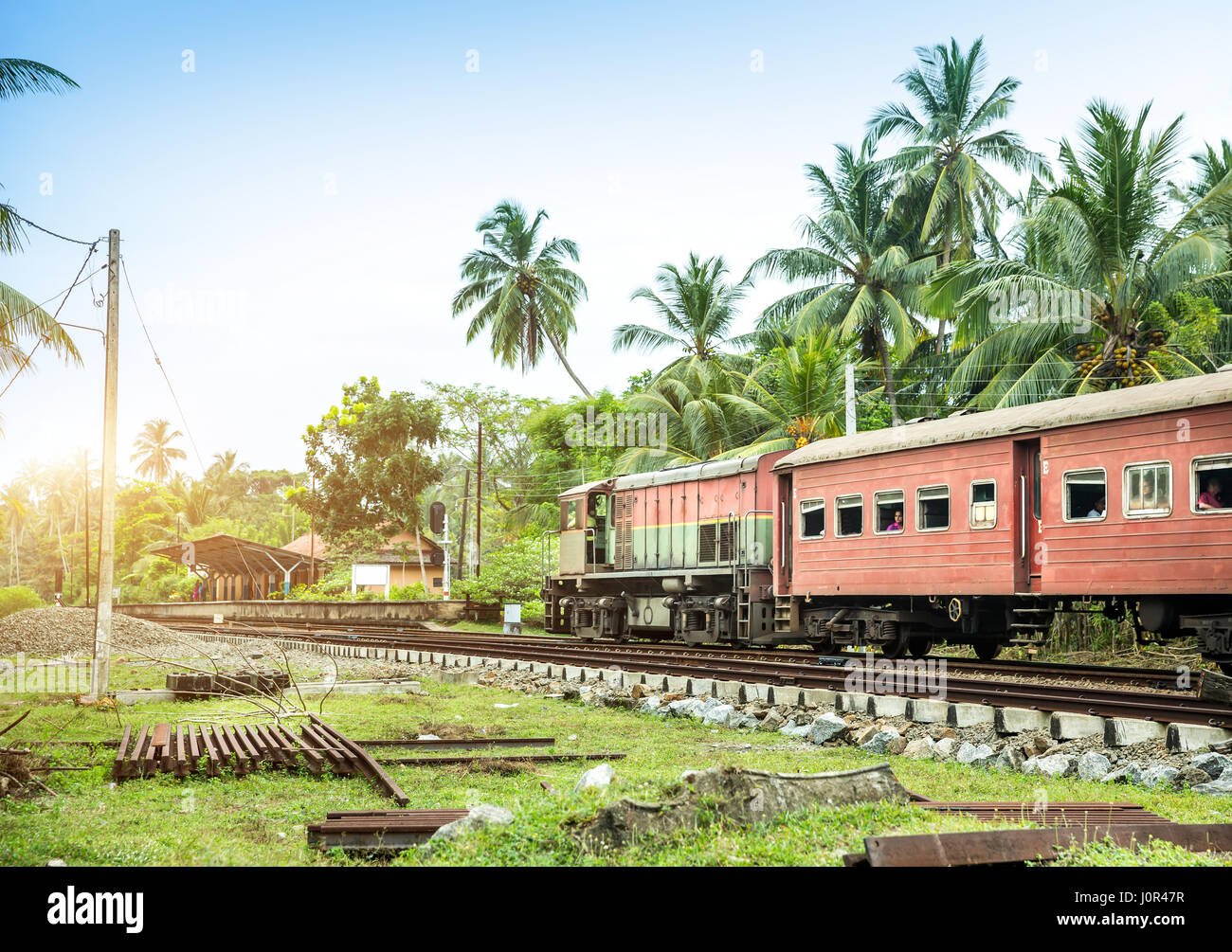 Train station and old locomotive, railway road of Sri Lanka. Ceylon ...