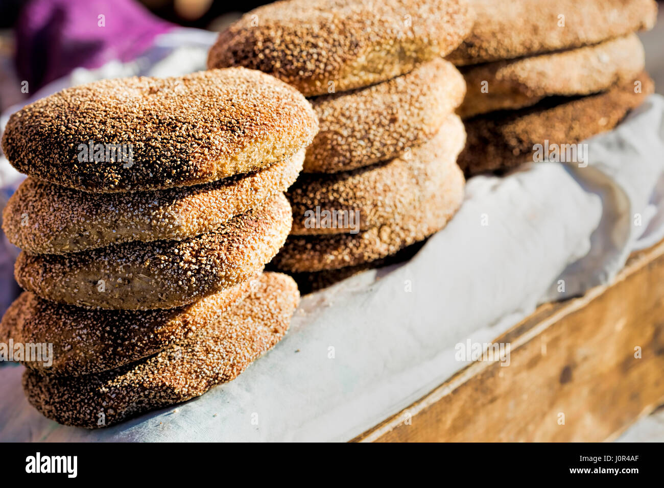 Typical traditional Sesame seeds Moroccan flatbread, on street food ...