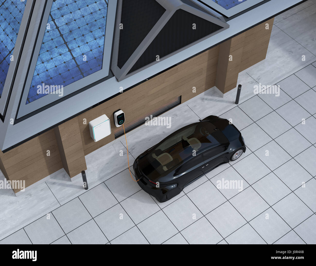 Black car charging in home EV charging station. Power supply by roof ...