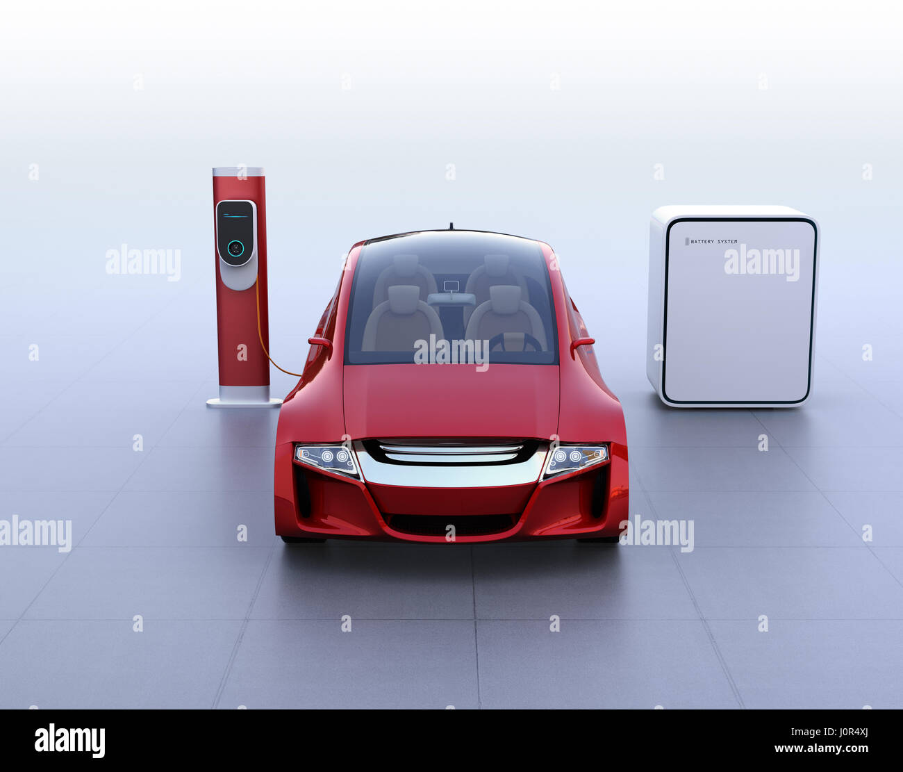 Front view of electric vehicle, charging station and battery unit. 3D ...