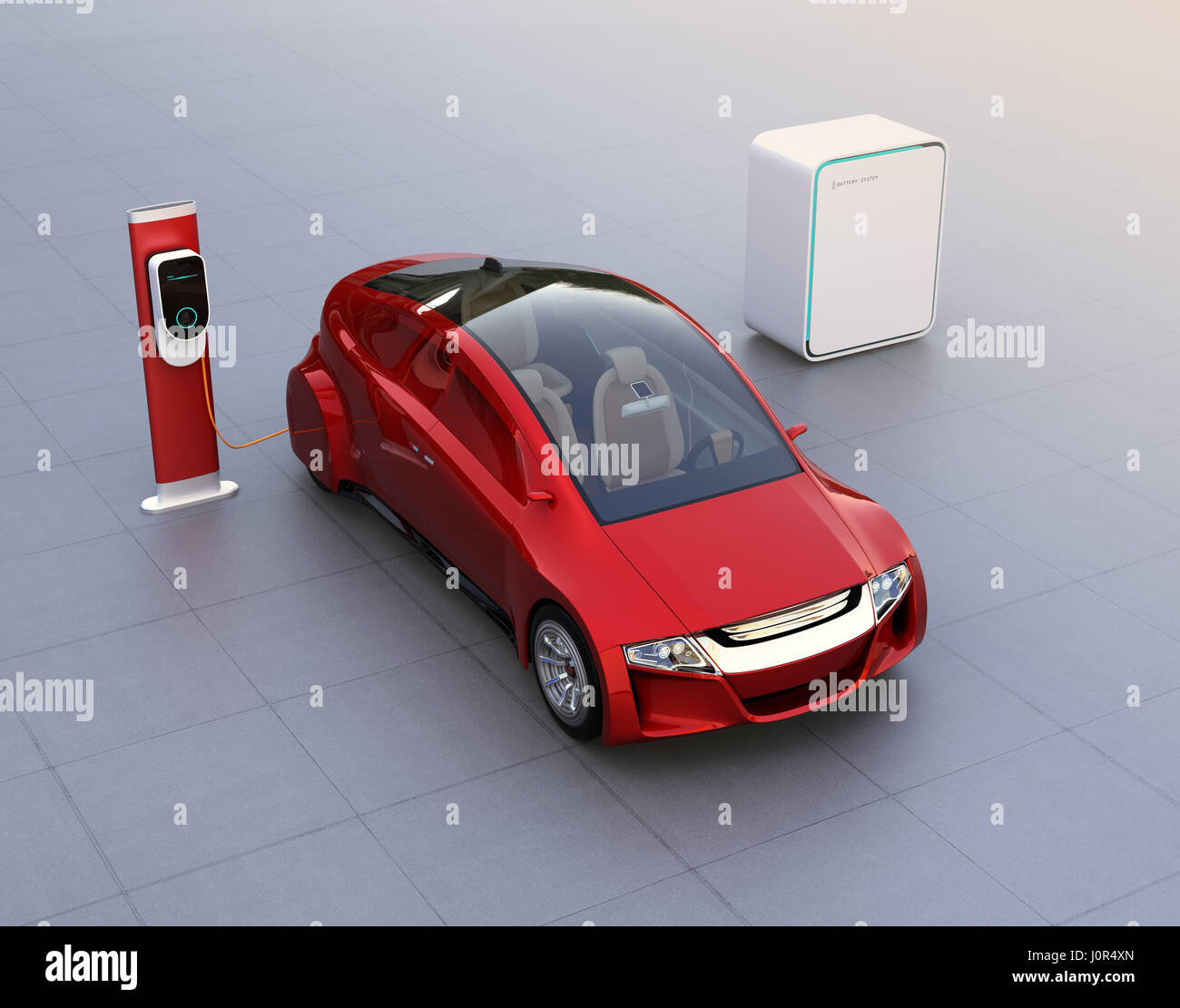 Metallic red electric vehicle, charging station and battery unit. 3D ...