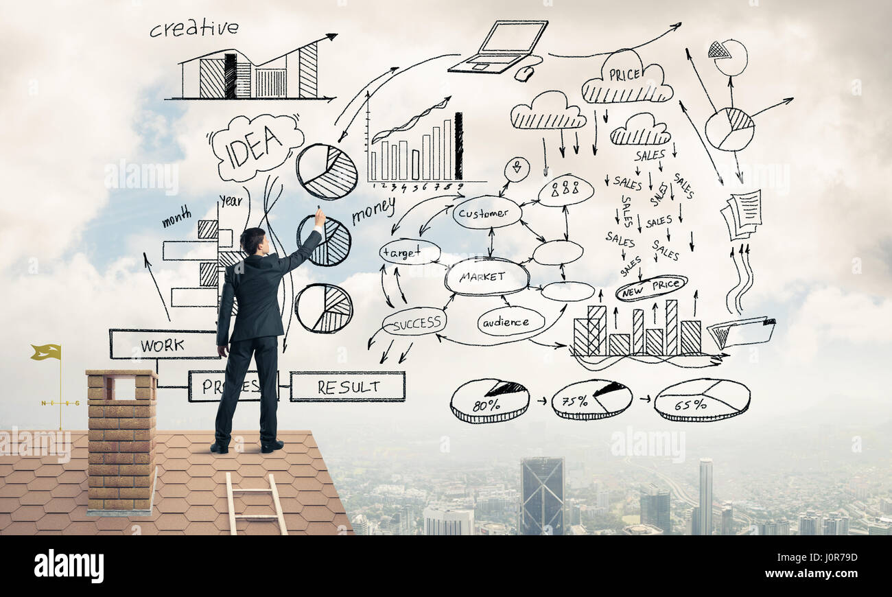 Rear view of businessman on house roof drawing his new business Stock ...