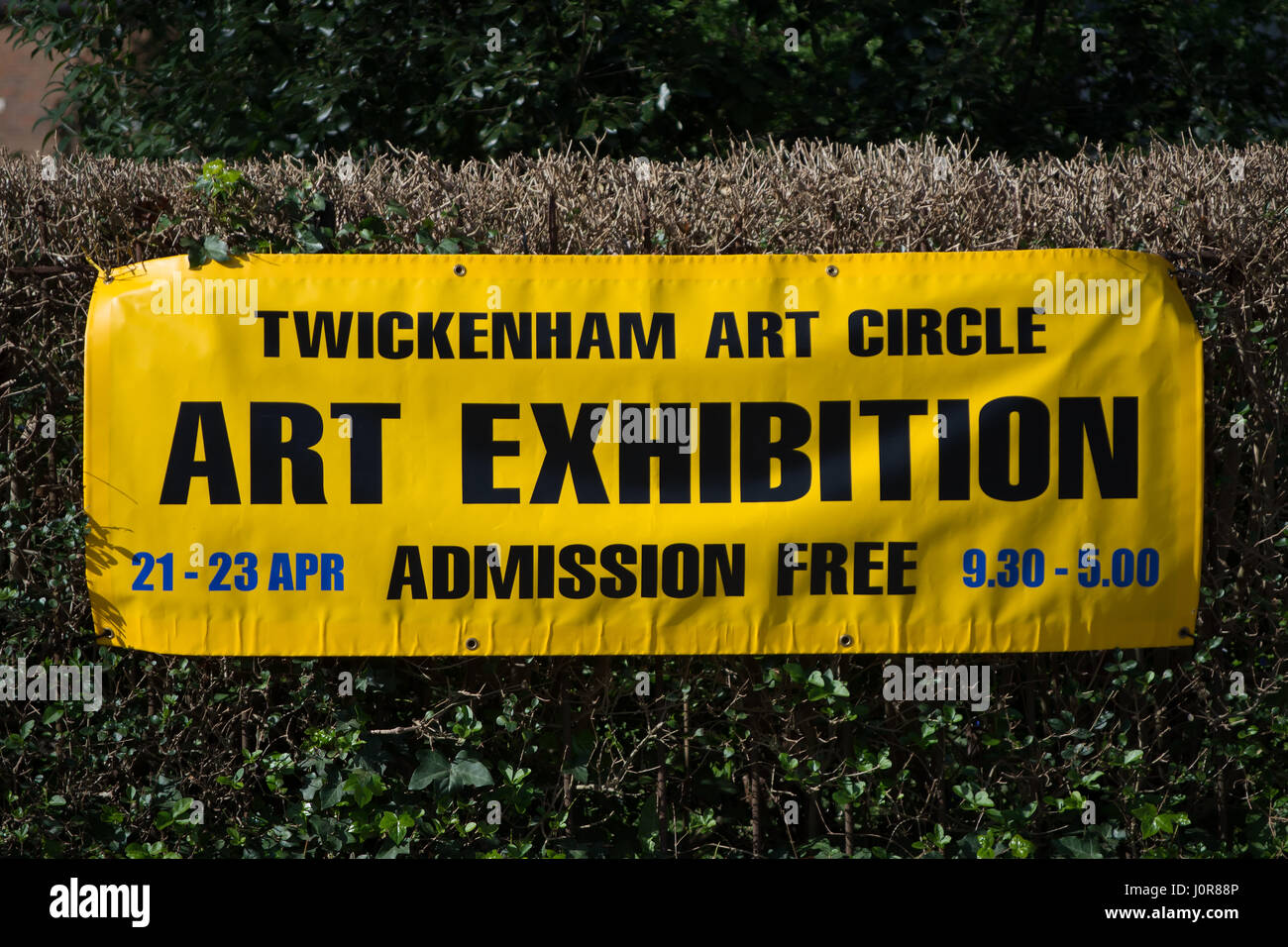 banner fixed to a hedge advertising an art exhibition by twickenham art ...