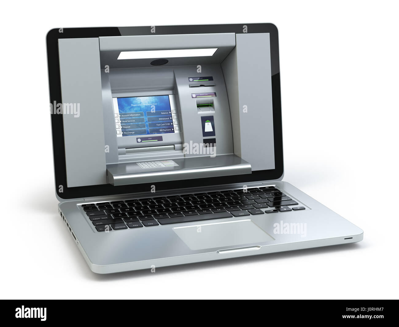 Online banking and payment concept. Laptop as ATM machine isolated on ...