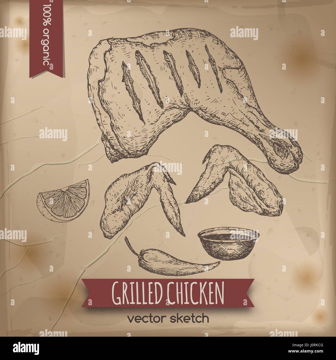 Vintage grilled chicken template placed on old paper background Stock ...