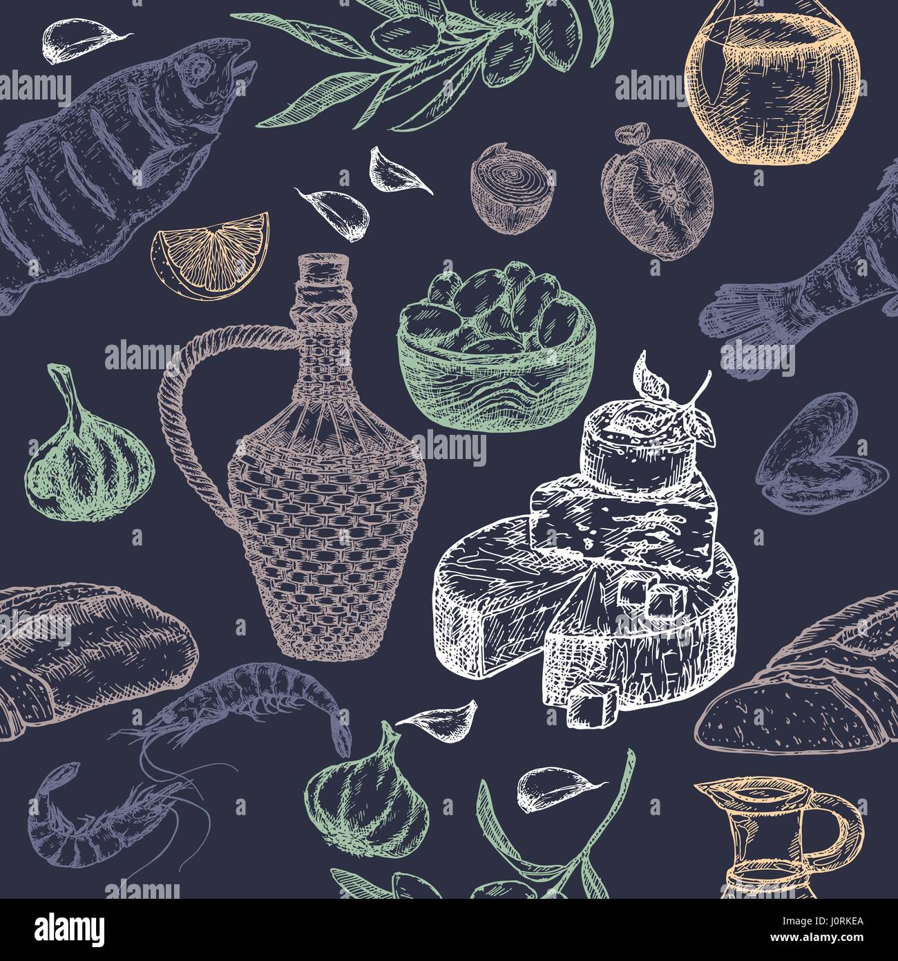 Mediterranean cuisine seamless pattern on blue background Stock Vector ...