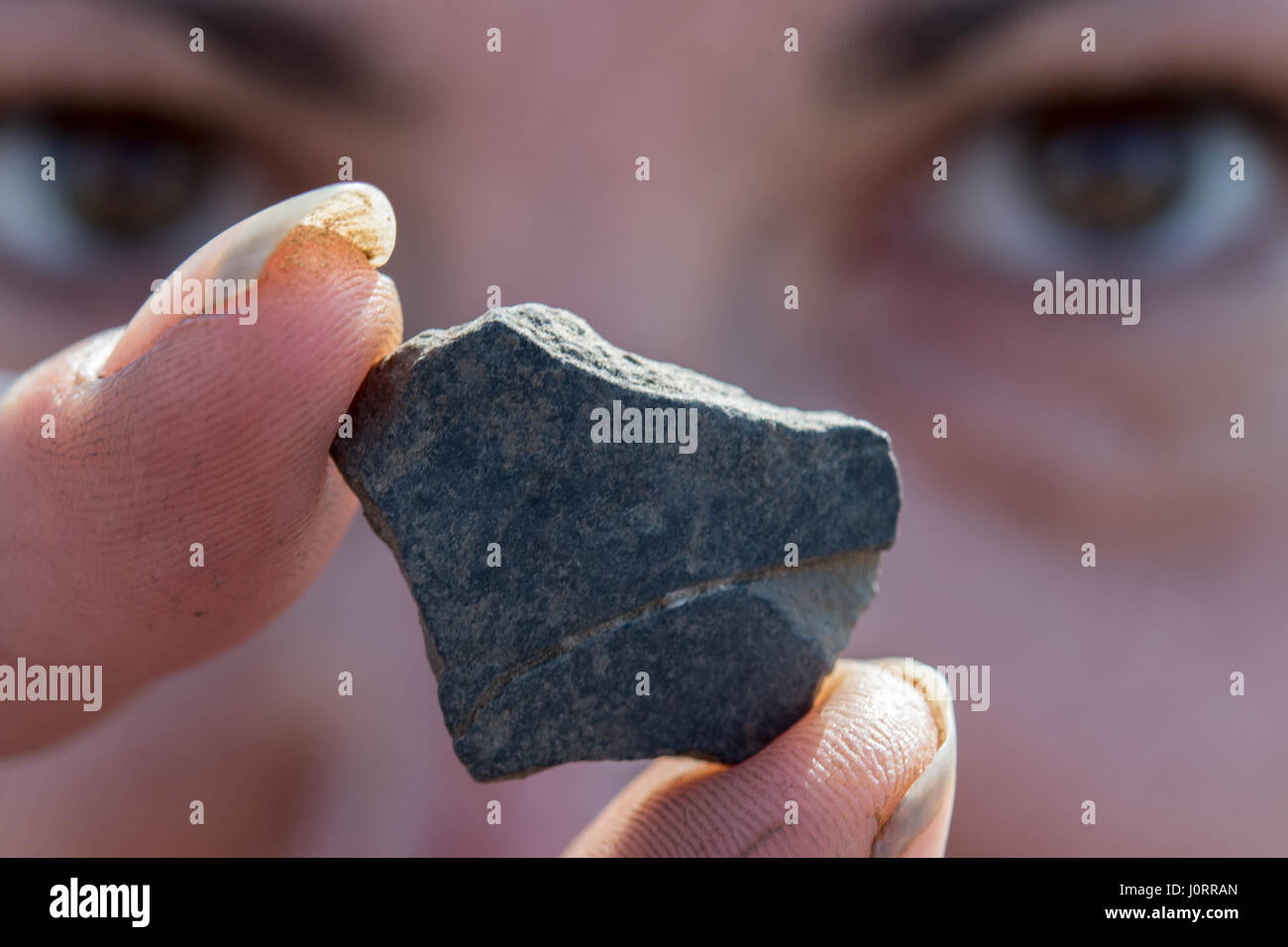 Rebecca Wachsmuth shows a shard from the linear pottery culture, 7500 ...