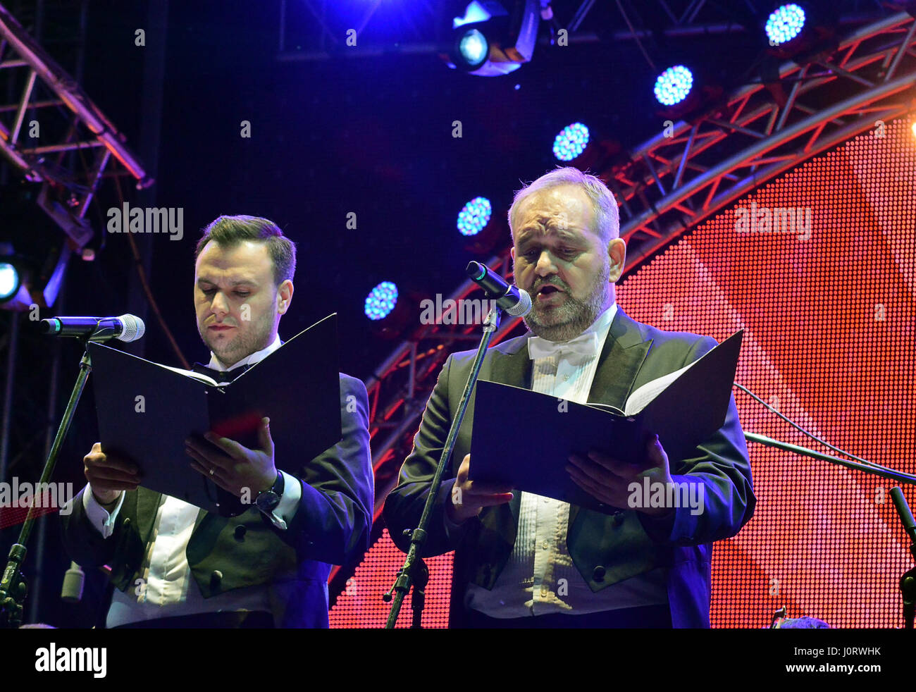 Bucharest, Romania. 15th April, 2017. The male soloists, Mihai Urzicana ...