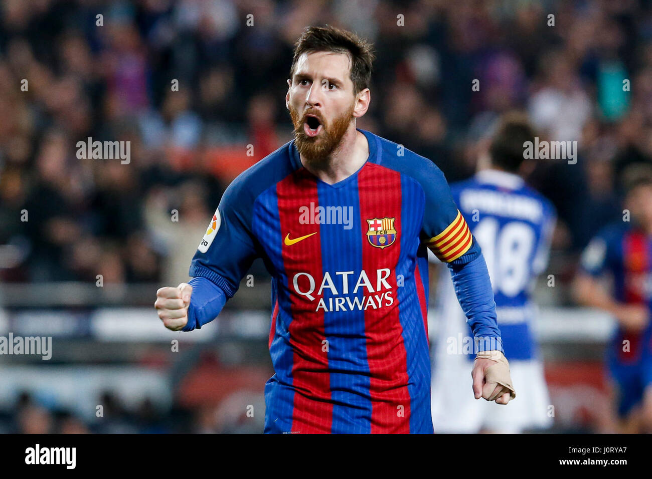 Barcelona, Spain. 15th Apr, 2017. Barcelona's Lionel Messi celebrates ...