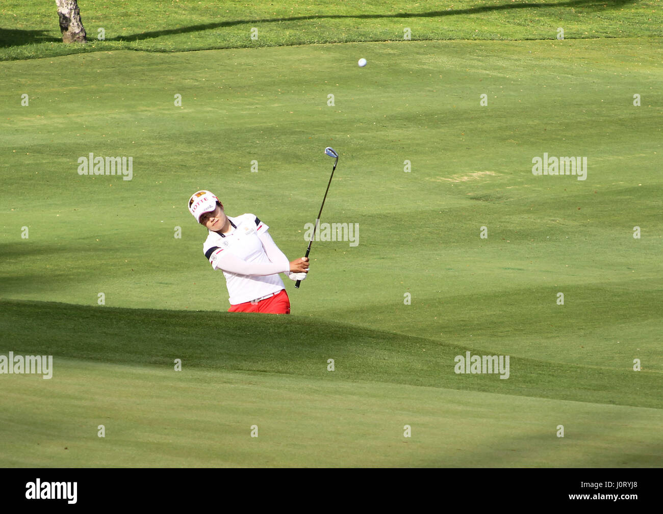 April 15, 2017 - Su-Yeon Jang hits out of the bunker on the 18th hole during action at the LPGA ...