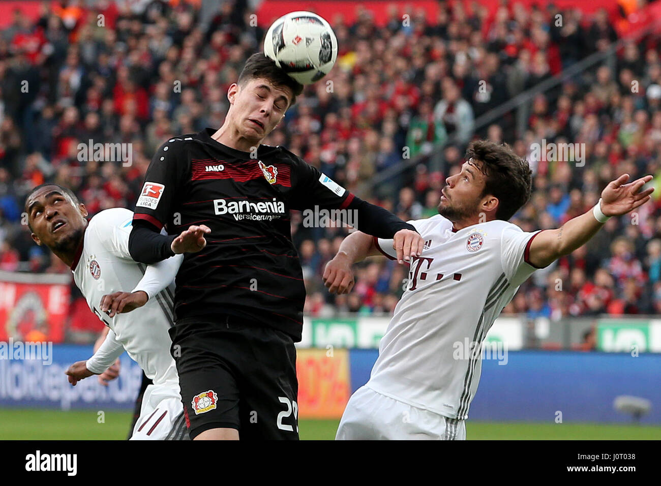 Leverkusen. 15th Apr, 2017. Kai Havertz(C) of Bayer 04 Leverkusen heads ...