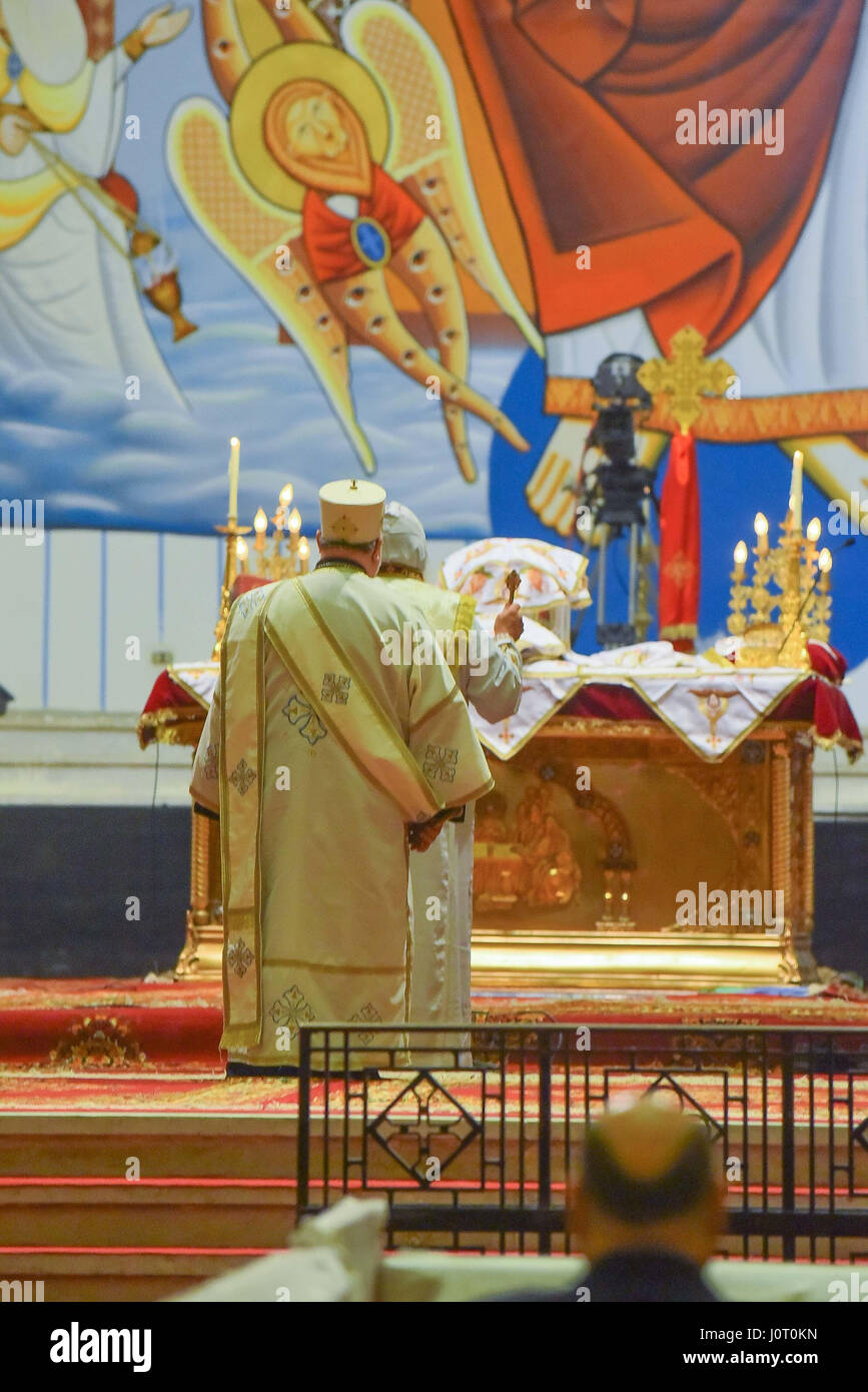Cairo, Egypt. 15th Apr, 2017. Pope Tawadros II leads an Easter Eve mass ...